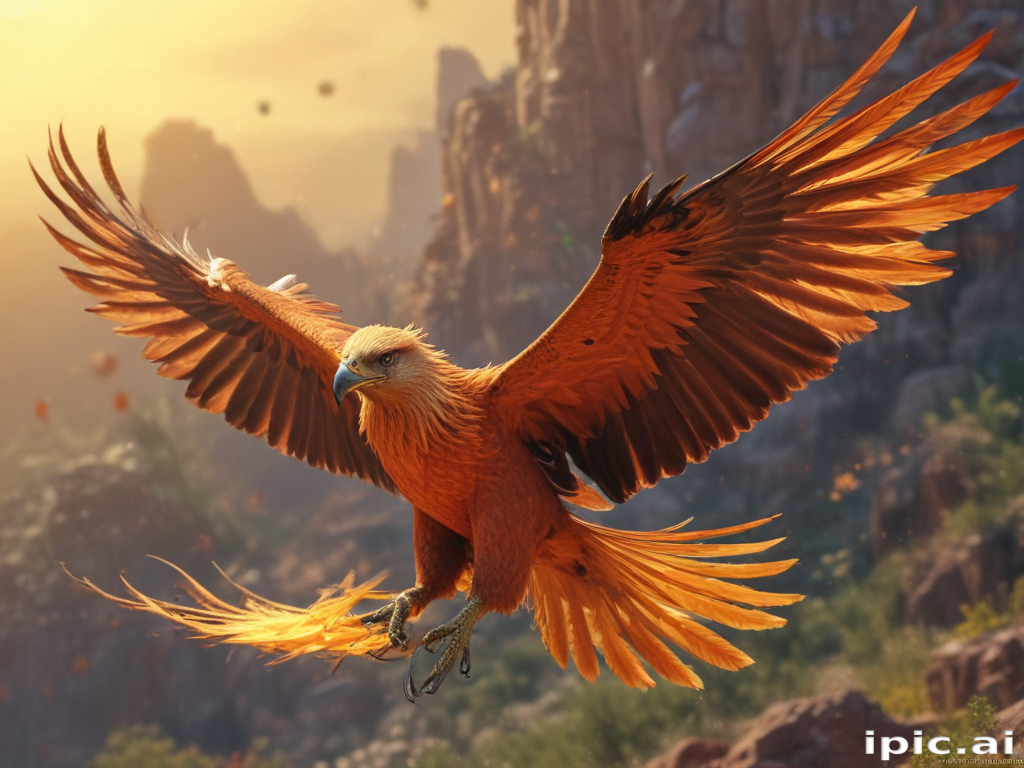 Majestic Orange Eagle Soaring Over a Stunning Mountain Landscape at Sunset