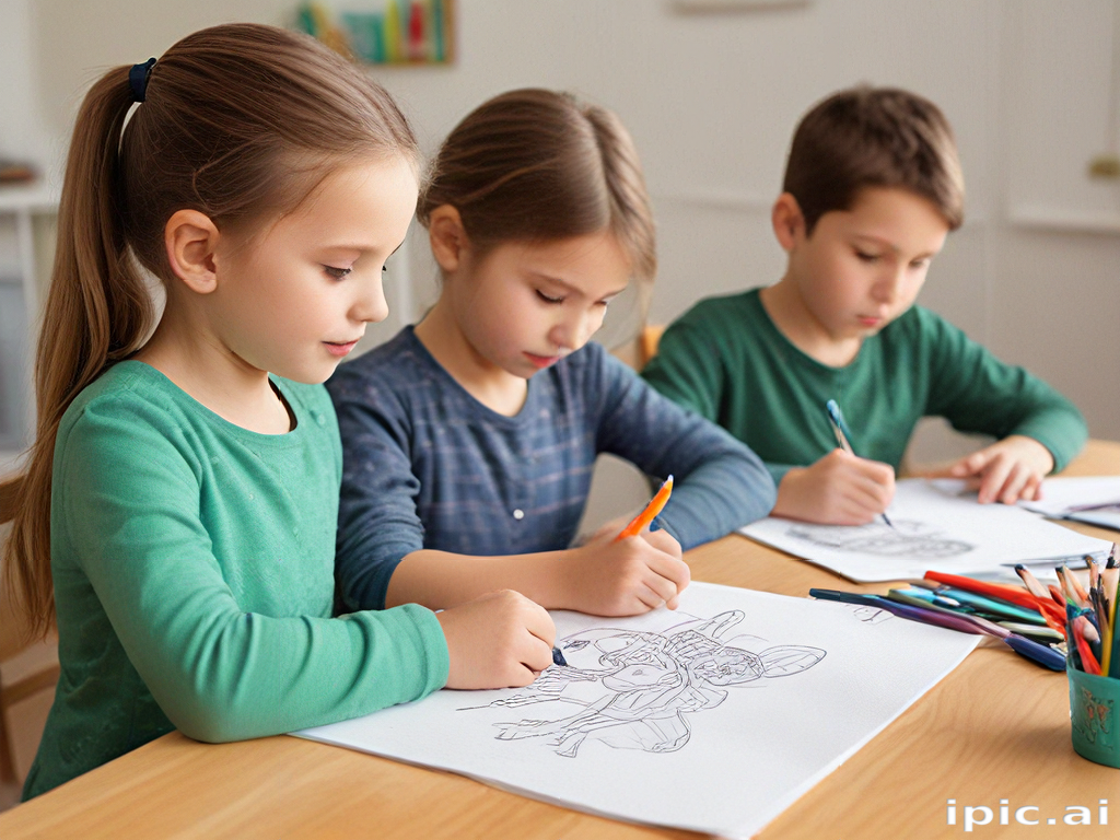 Three Children Engaged in Creative Coloring Activities at a Wooden Table