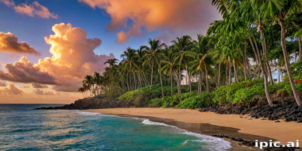 Tranquil Beach at Sunset Surrounded by Lush Tropical Palm Trees