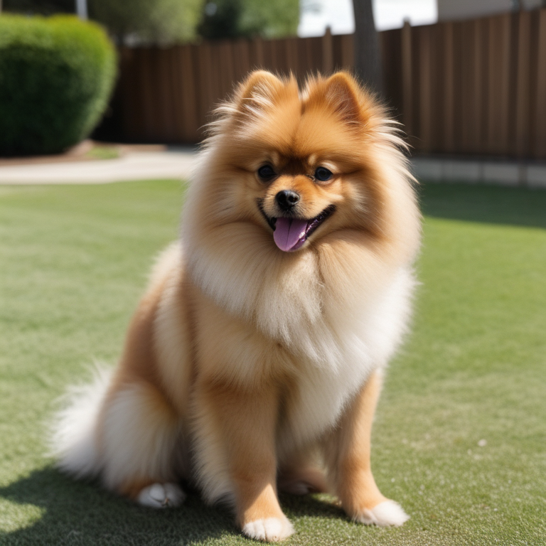 Adorable Pomeranian Dog Sitting Happily on a Sunny Green Lawn