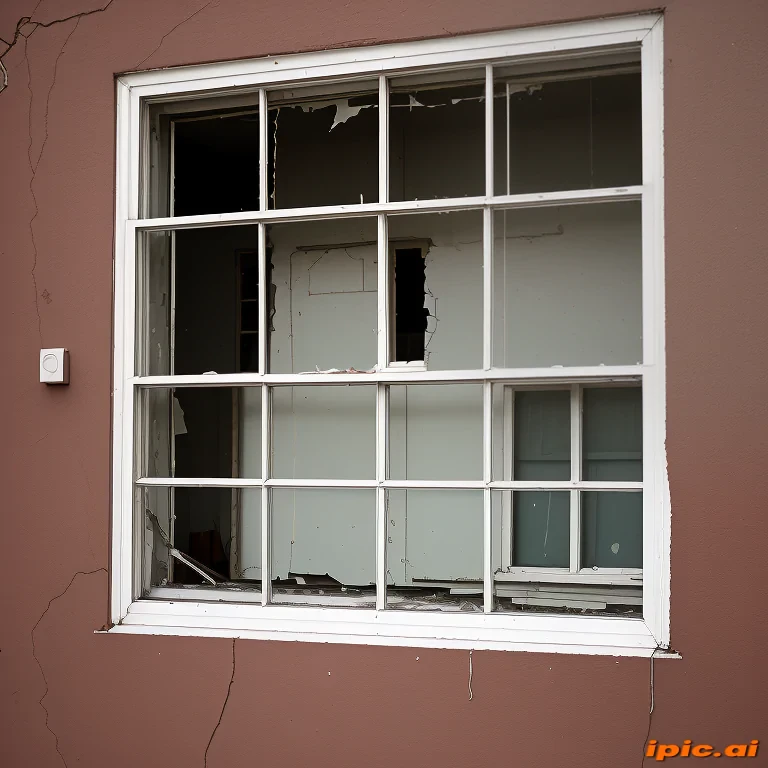 Weathered Window Frame Revealing a Distressed Interior Behind Cracked Glass