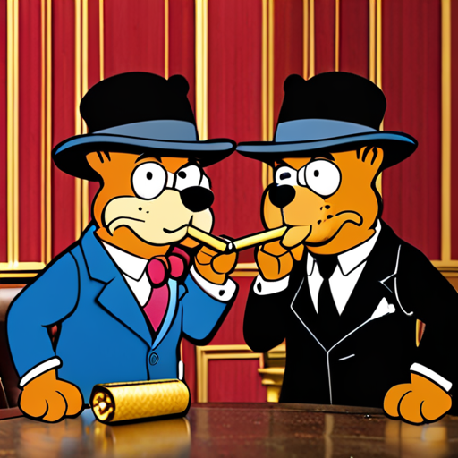 Garfield and Odie smoking cigars with fedoras on