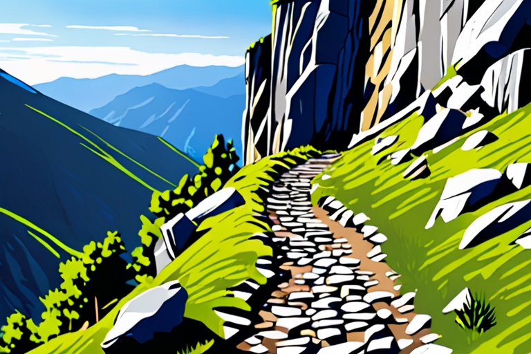 a rocky path going from left to right in the mountains next to a cliff ...