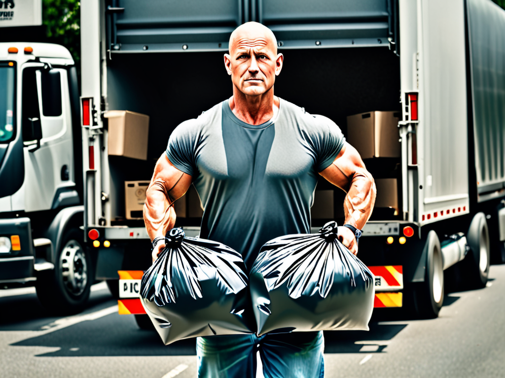 realistic handsome bald older muscular garbagemen from behind carrying ...