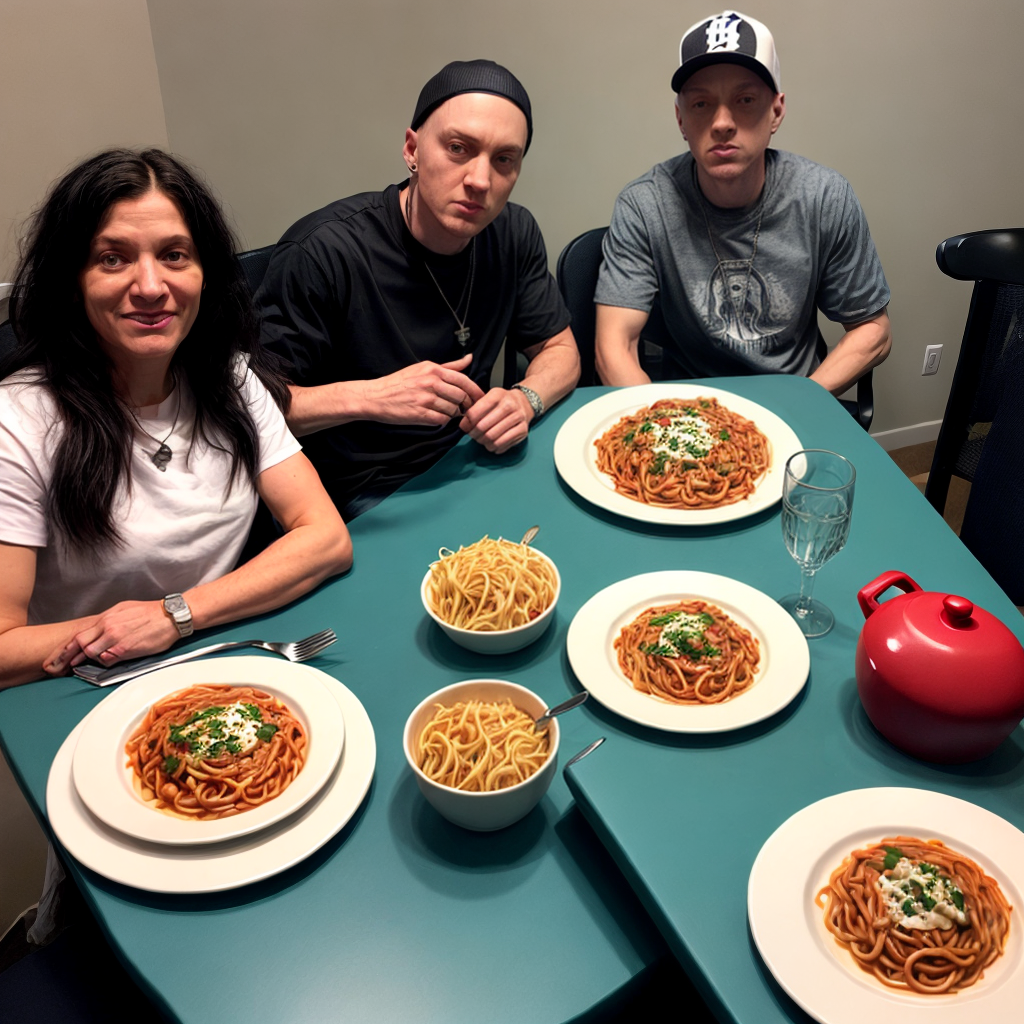 Eminem and his mum sat at a table eating mum's spaghetti