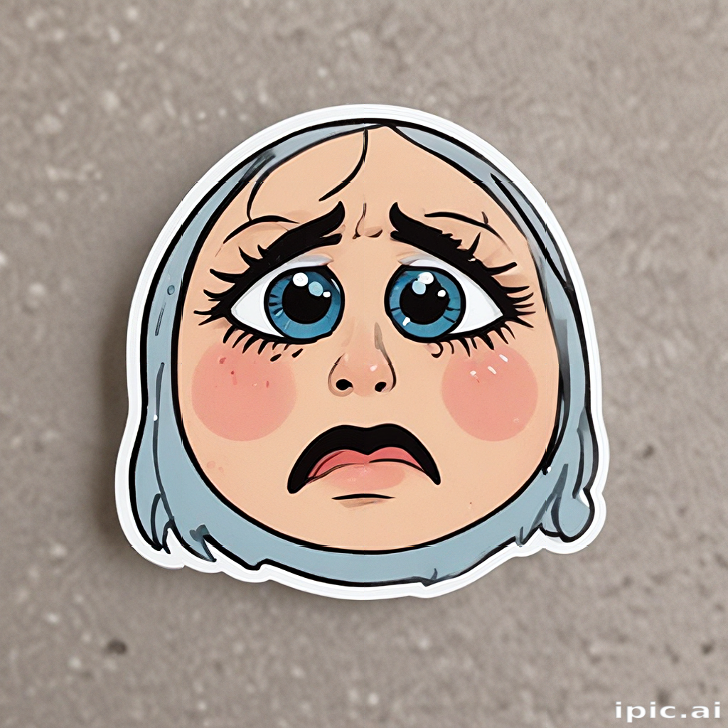 A Sad Cartoon Face with Big Eyes and a Gray Headscarf.