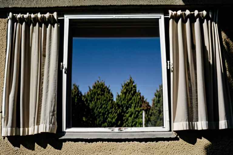 an external straight at camera shot of a residential window, shadowy ...