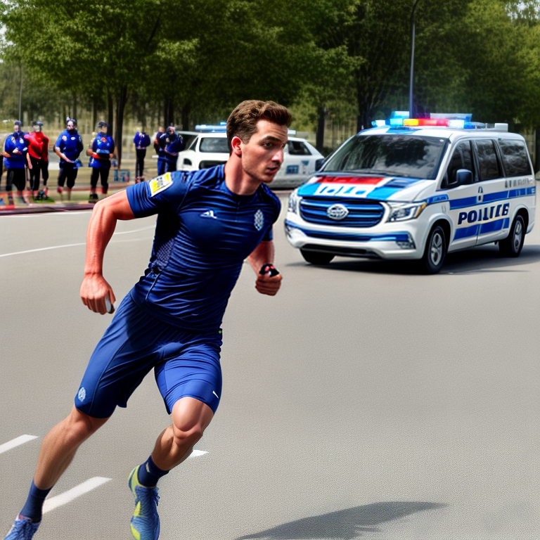 athlete practicing physical activity and two police vehicles ...
