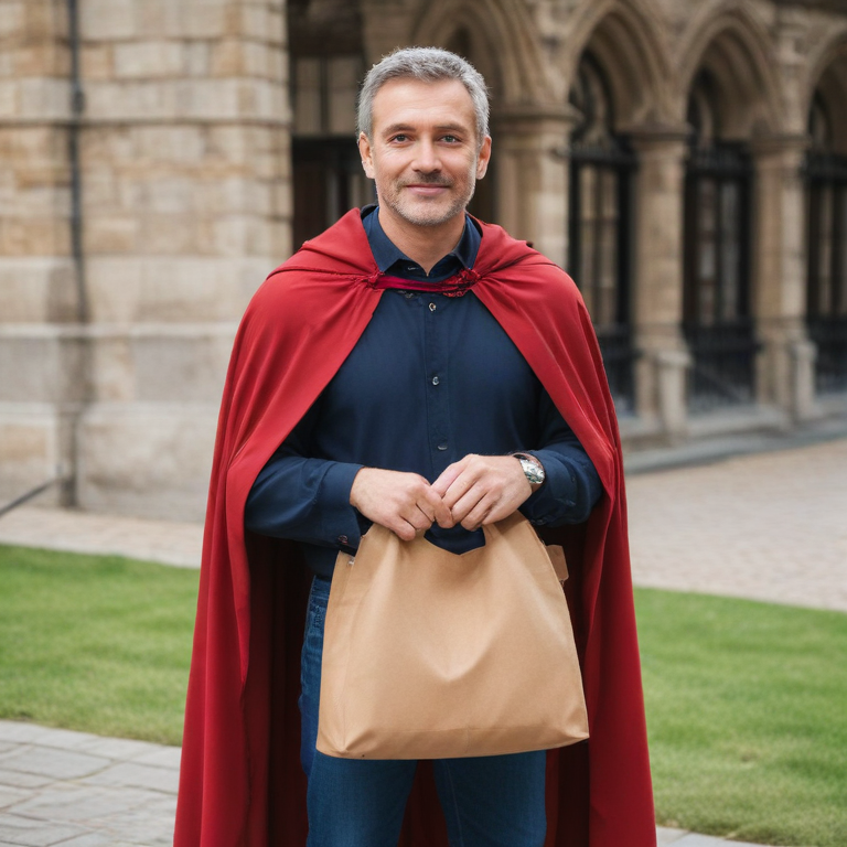middle age man with a cape and a bag of holding