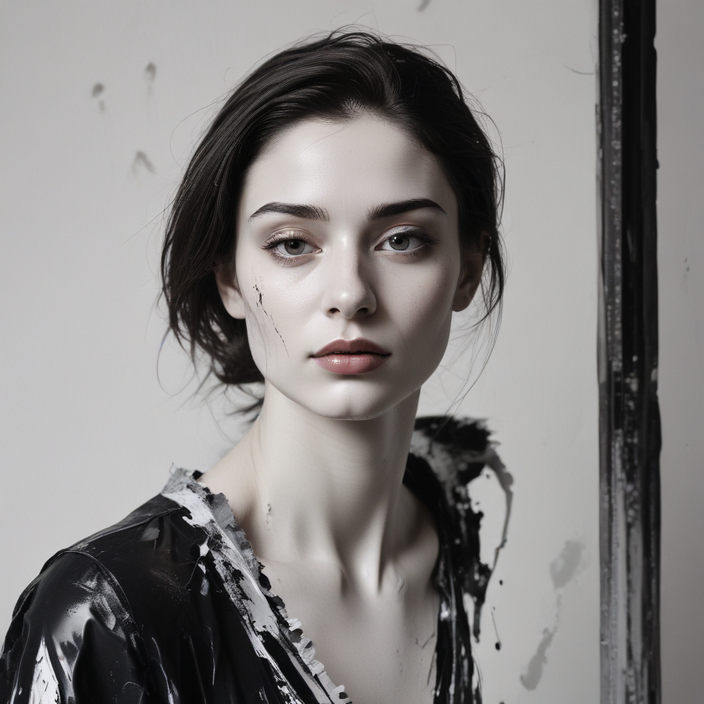 unclear dreamy figure, reflected in a mirror, with paint strokes and a ...