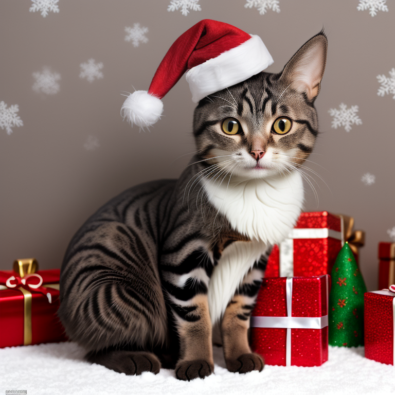A Festive Cat Wearing a Santa Hat Among Colorful Christmas Presents.
