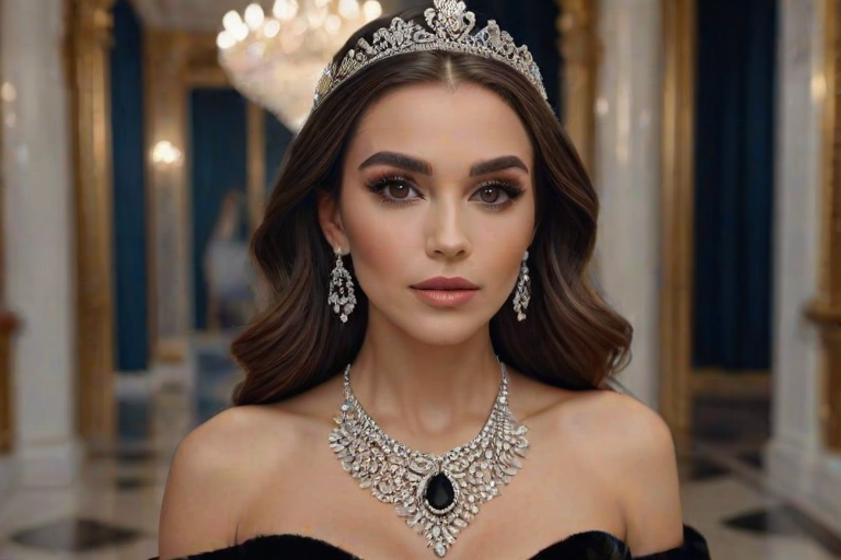 Elegant Portrait of a Woman Adorned in Luxurious Jewelry and Crown