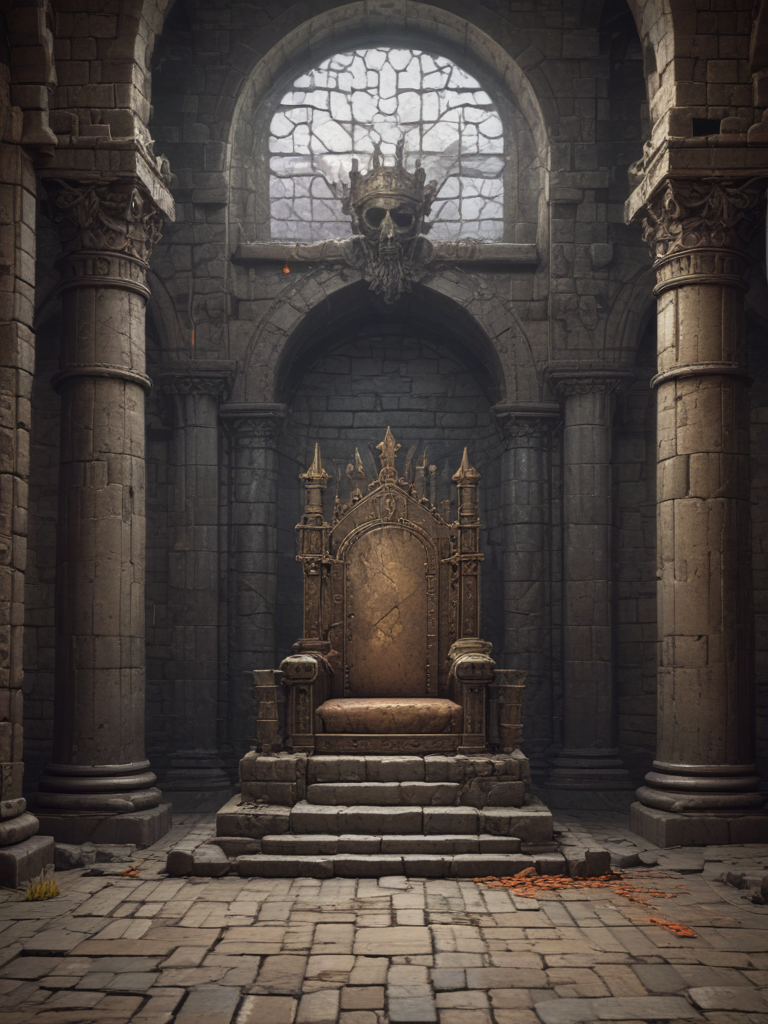 a pixel art of a castle throne room with stone bricks and a dead king ...