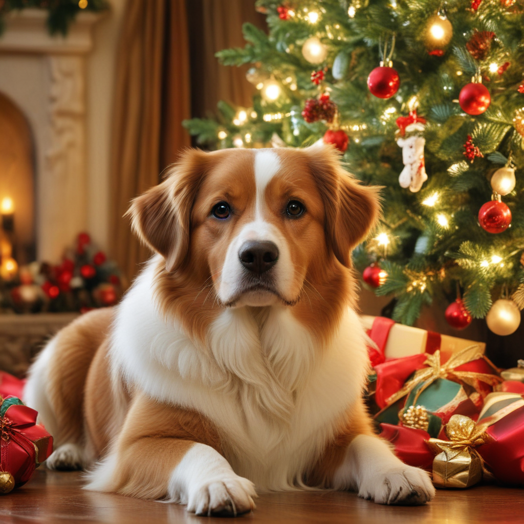 A Festive Dog Relaxing by the Christmas Tree Surrounded by Gifts.