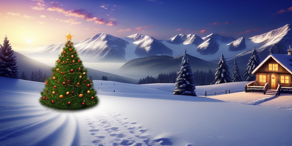 Peaceful Winter Landscape with a Decorated Christmas Tree and Cozy Cabin