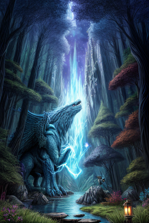 Legendary wizard and magical creature (fantasy scene)