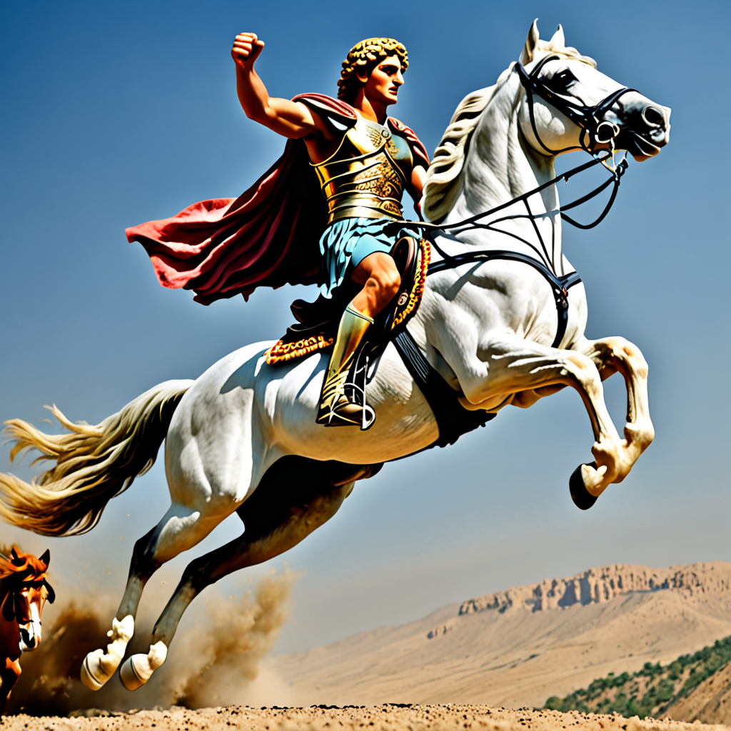 realistic picture of Alexander the Great riding boukefalaw horse