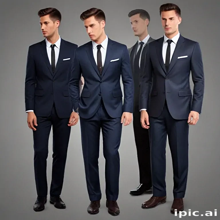 Three Stylish Men in Elegant Dark Suits Posing for a Fashion Shoot