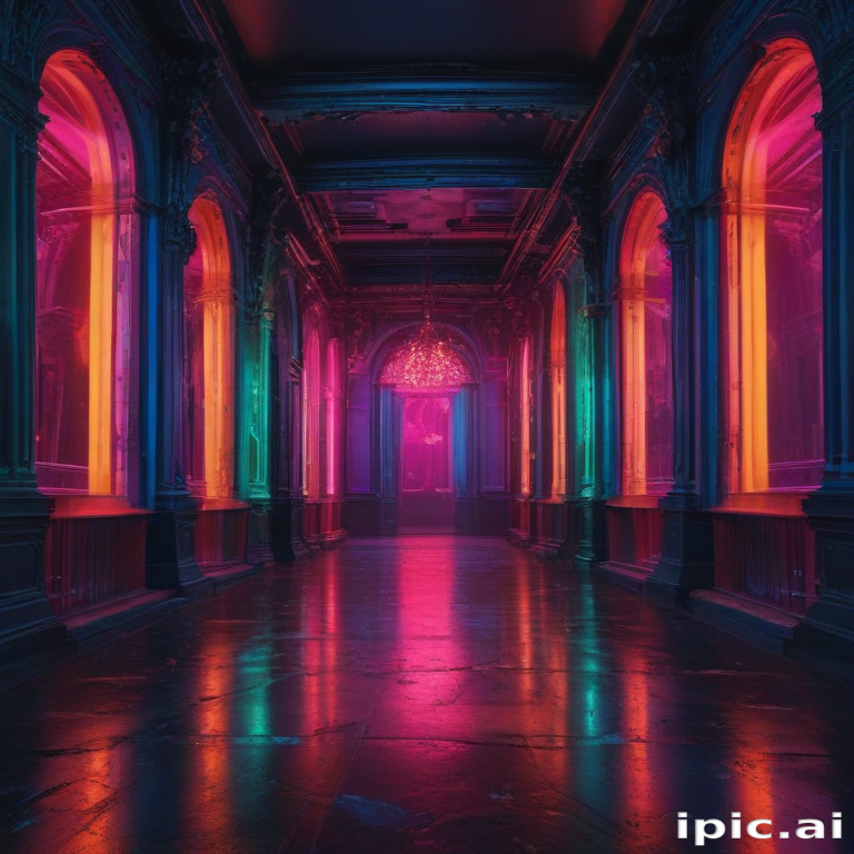 Vibrant Neon Hallway with Colorful Lights and Elegant Architecture