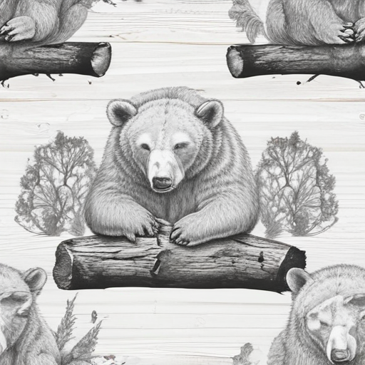 bear resting head on paws line drawing over a log outline