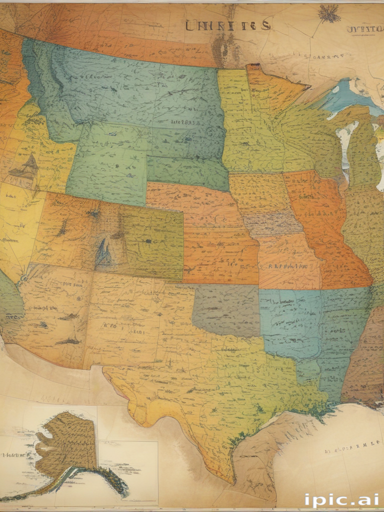Detailed Vintage Map of the United States Highlighting States and ...