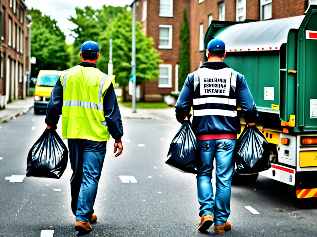 2 realistic handsome muscular garbagemen from the back carrying black ...