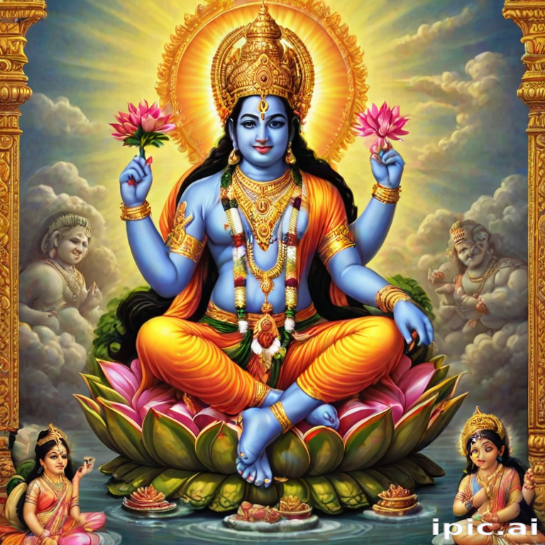 Vibrant Depiction of Lord Vishnu Surrounded by Divine Symbolism and Grace