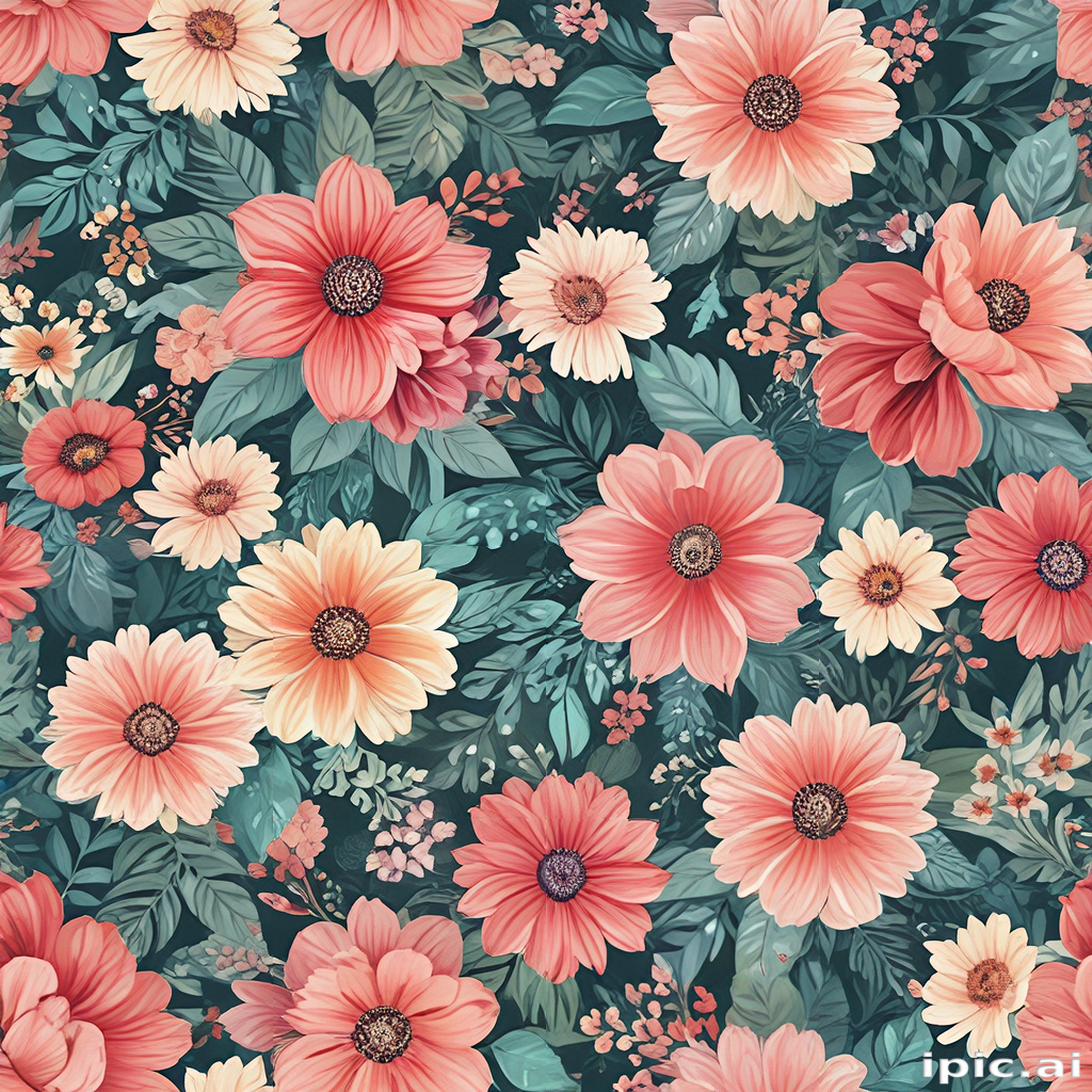 Vibrant Floral Pattern Featuring a Colorful Array of Blooms and Leaves