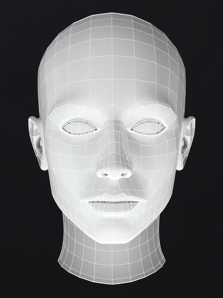 3D Wireframe Model of a Human Face on a Dark Background