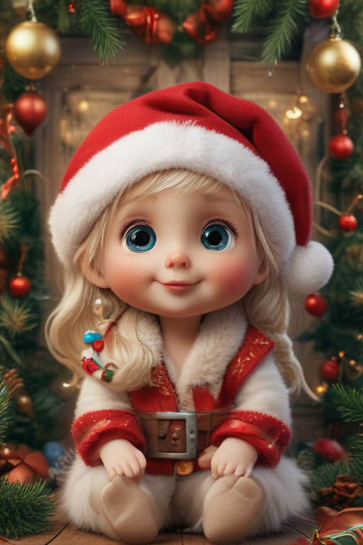 Adorable Holiday Doll in Santa Hat Surrounded by Festive Decorations.