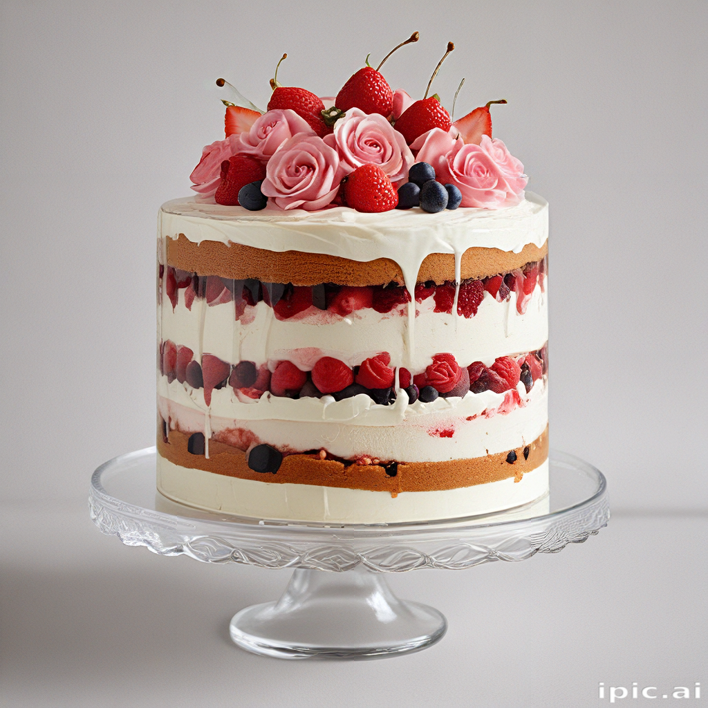 Deliciously Decorated Layered Cake Topped with Fresh Berries and Roses