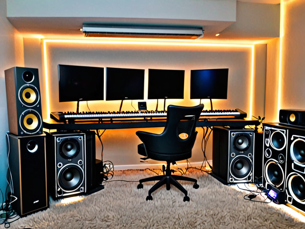 home studio for recording music, with ice backlight with a cool chair