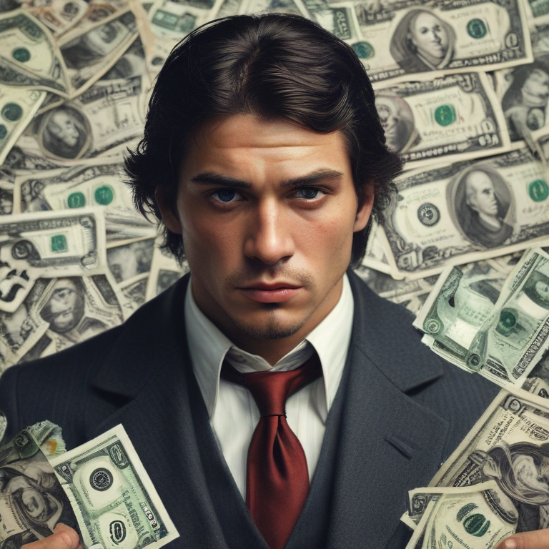 A Young Businessman Surrounded by Abundant Wealth and Dollar Bills