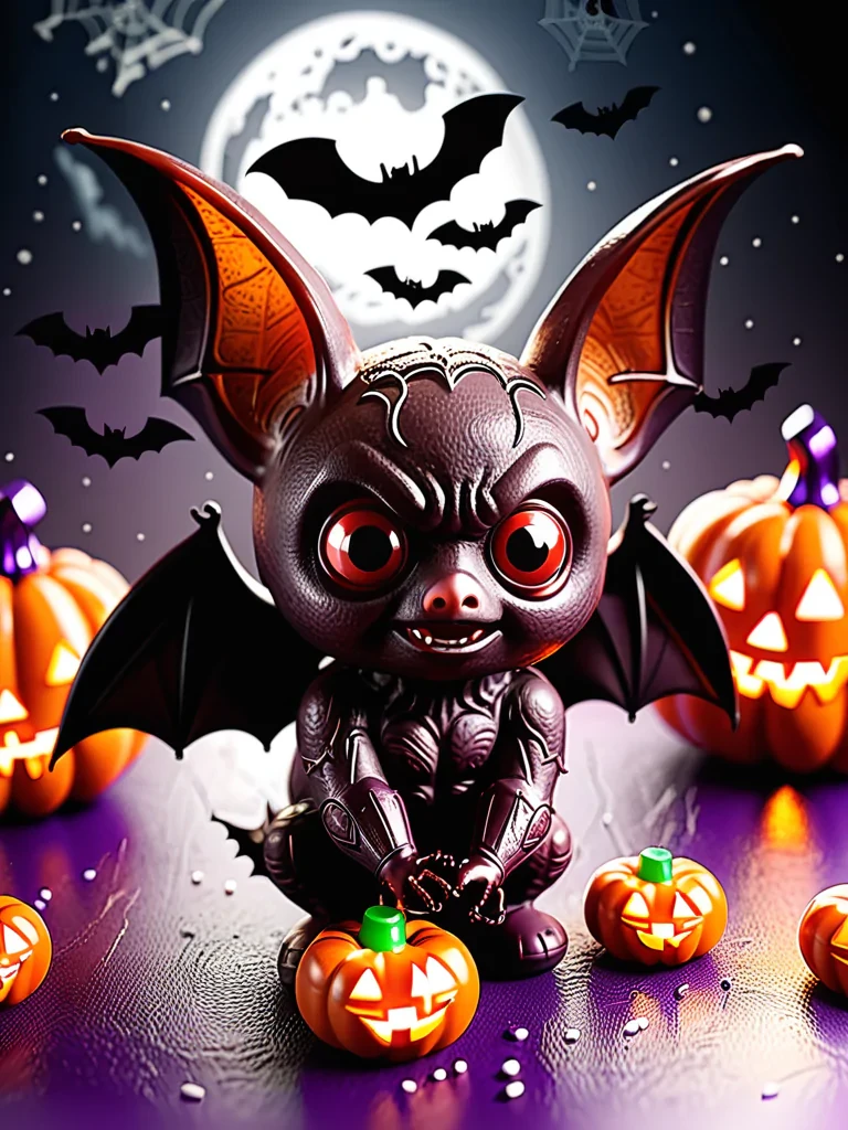 Spooky Bat Creature Surrounded by Halloween Pumpkins Under the Full Moon
