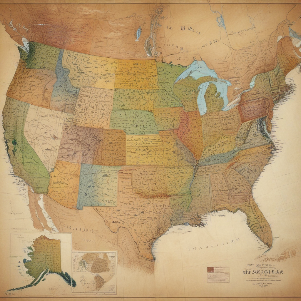 Historical Map of the United States Showing States and Territories in ...