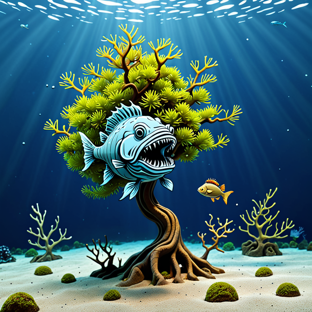 Cartoon angler fish eating a bonsai tree in the depths of the sea