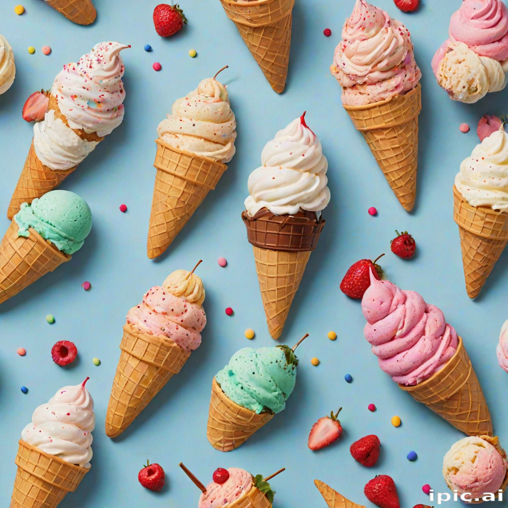 A Colorful Array of Ice Cream Cones with Various Flavors and Toppings