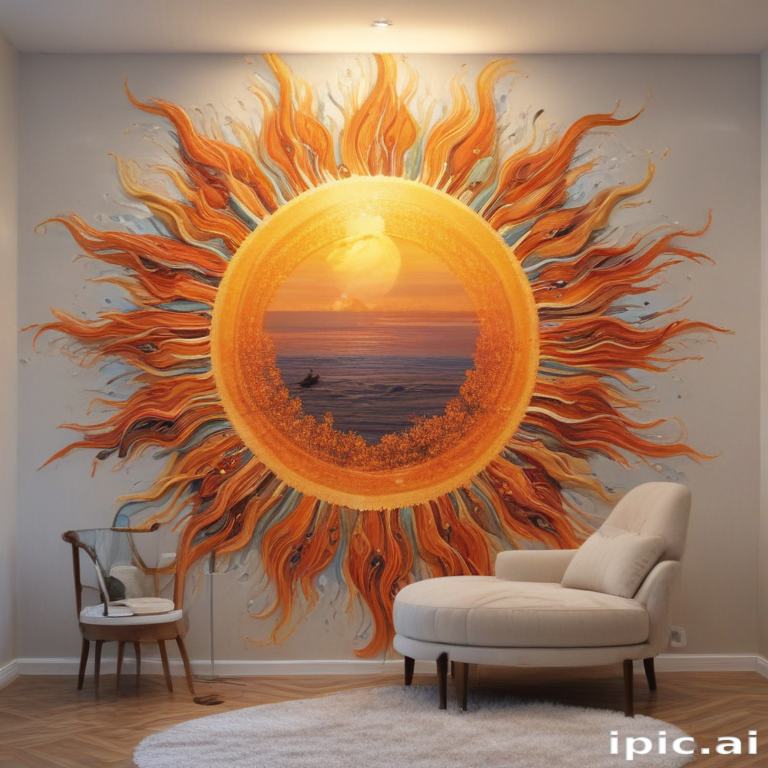 Vibrant Sun Mural with a Serene Seascape in Cozy Living Room