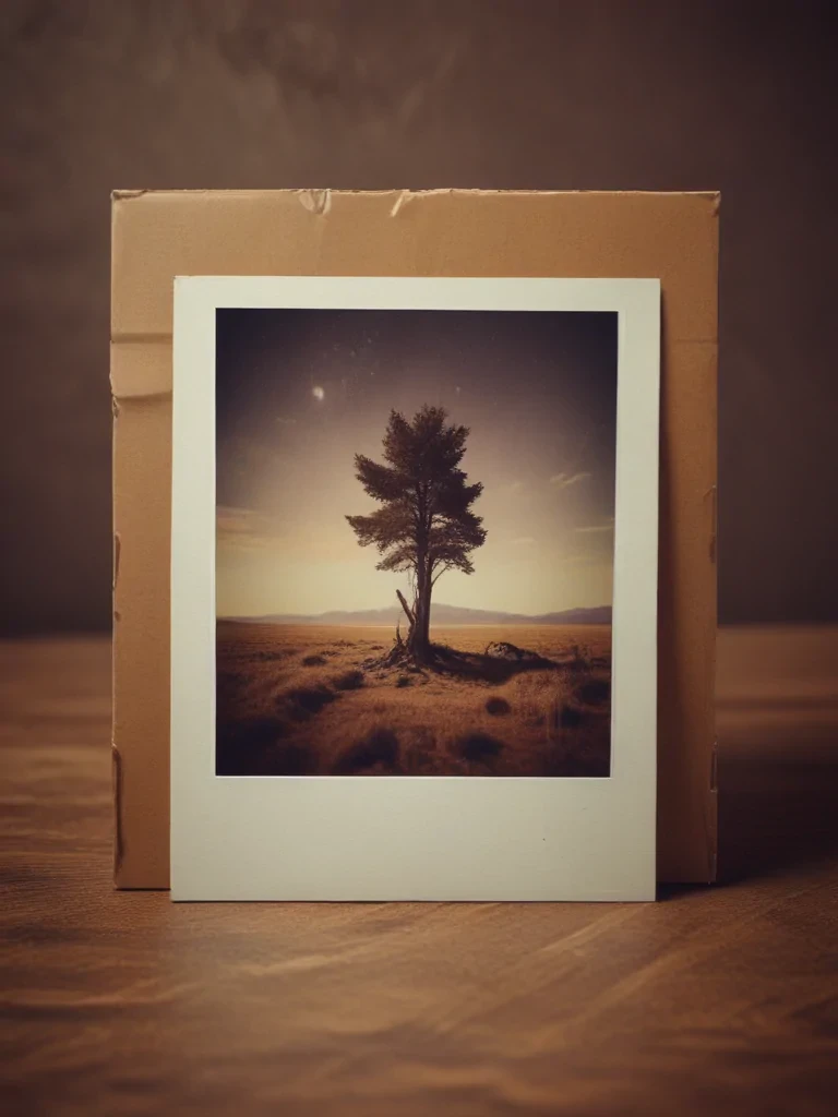 A Serene Landscape Featuring a Lone Tree in a Polaroid Frame
