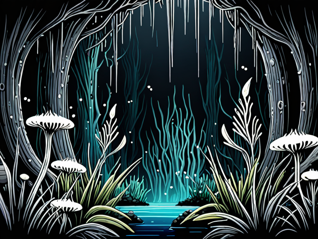 completely undersea, with a spiky grotto, some undersea plant in ...