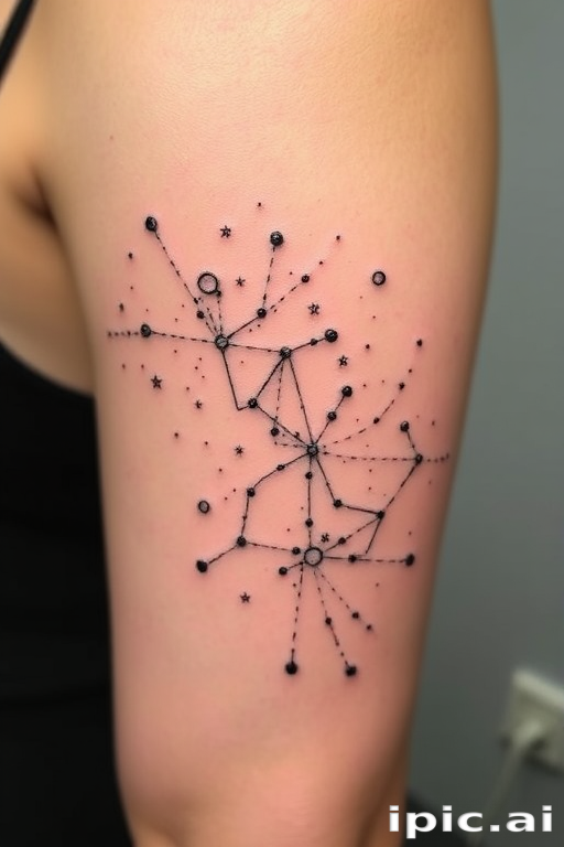 Intricate Black Ink Tattoo of Constellations and Stars on Arm