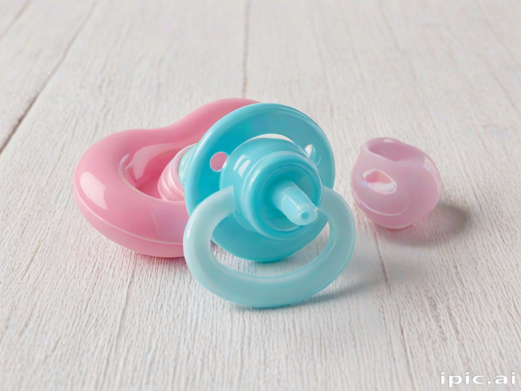 A Colorful Collection of Baby Pacifiers in Soft Pastel Shades on Wood.