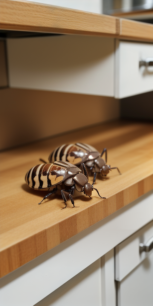 Two Intriguing Beetles Exploring a Kitchen Countertop Surrounded by Spills