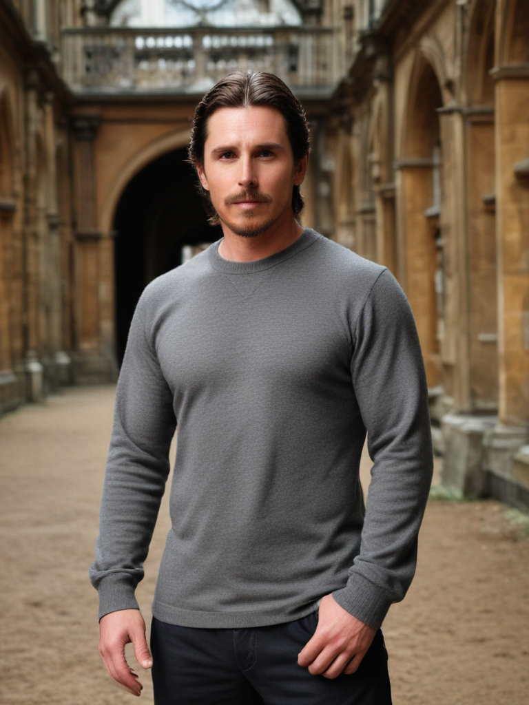 christian bale, full body, background wollaton hall