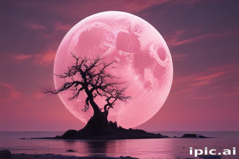 Majestic Pink Moon Illuminating a Solitary Tree by the Serene Ocean