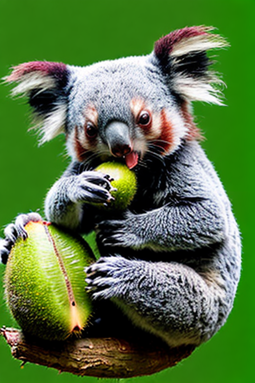 a koala eating a kiwi fruit with his red panda