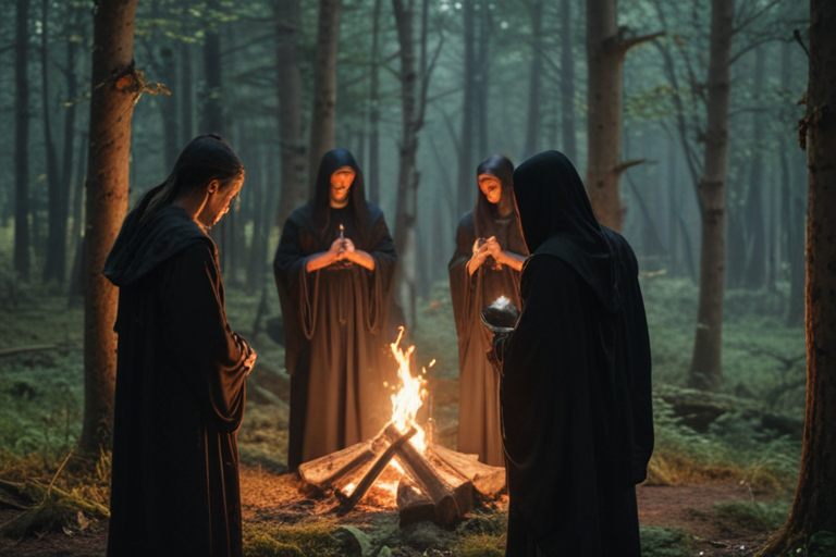 Black secret Ritual magic group in forest
