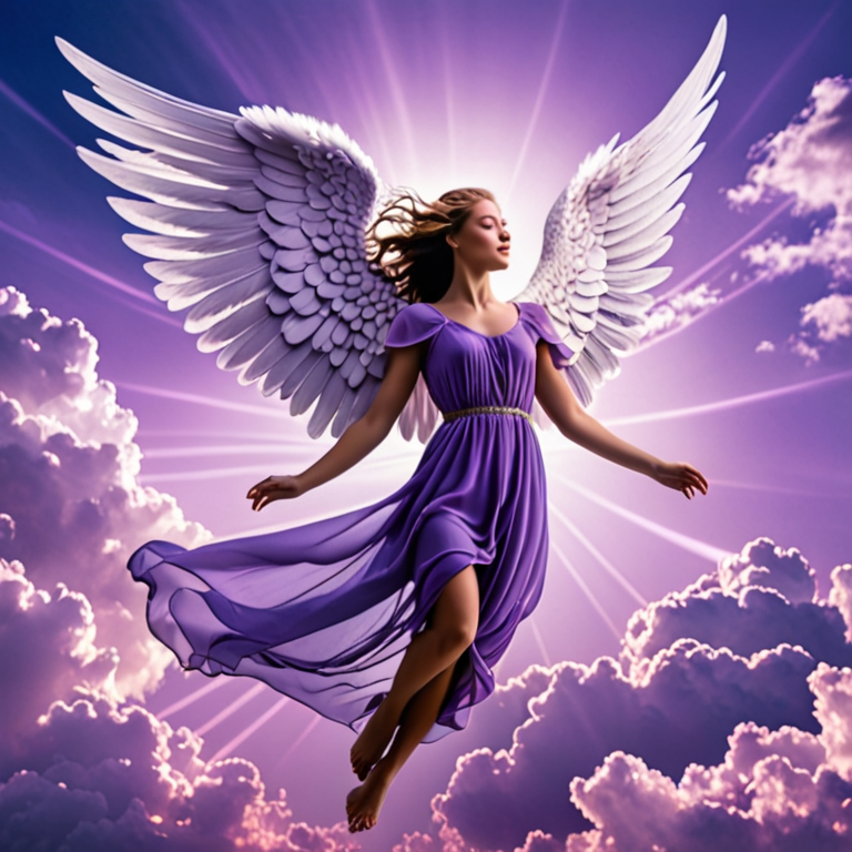 a beautiful violet angel flying across a violet sky. all is luminous ...