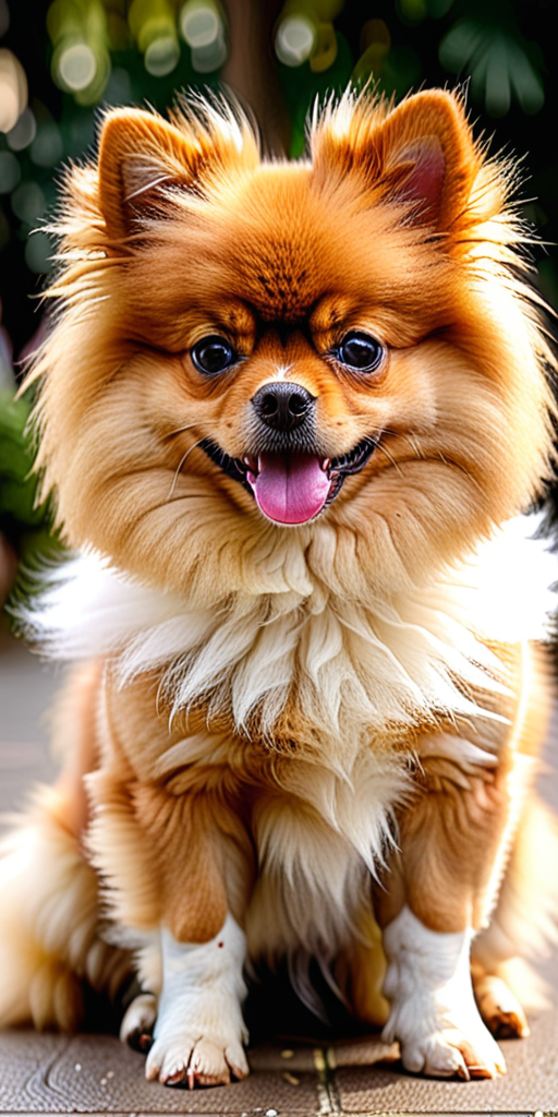 A Playful Pomeranian Dog Smiling Happily in a Sunlit Garden Setting