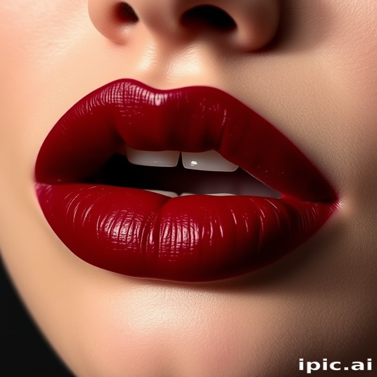 Close-Up of Glossy Red Lips with Perfectly Defined Contours and Shine